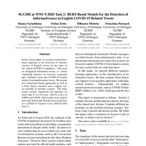 gcdh at wnut 2020 task 2 bert based models for the detection of informativeness in english