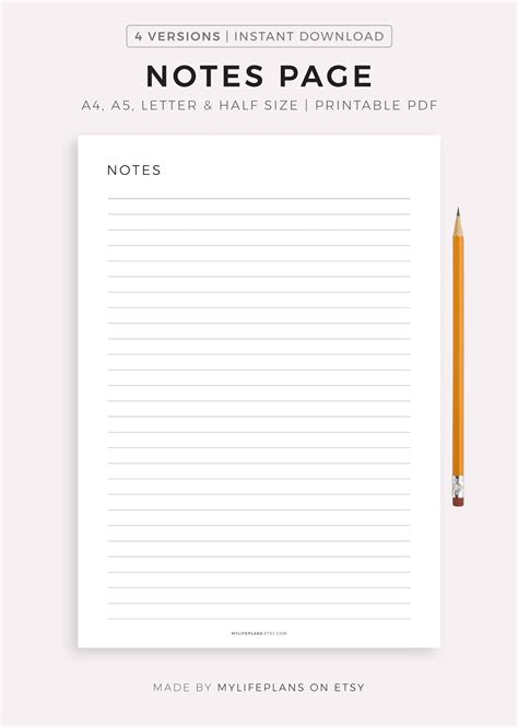 Notes Page Printable Lined Notes Template Note Taking Etsy Australia