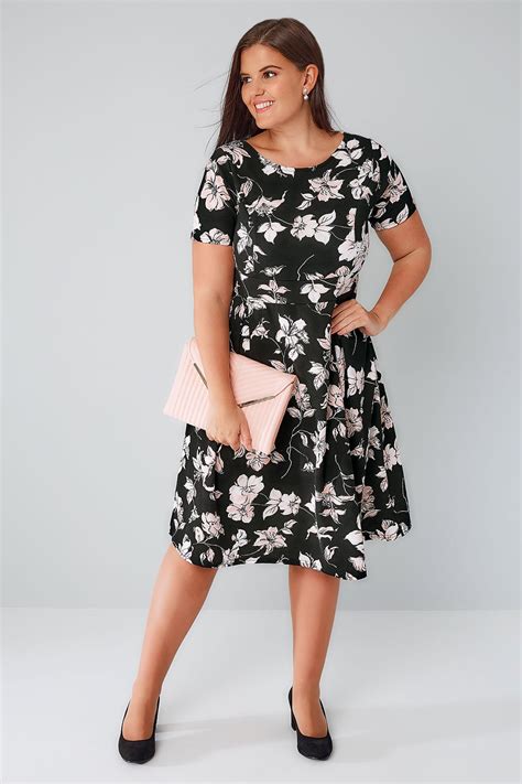 Black Floral Print Skater Dress With Pleated Skirt Plus Size 16 To 36
