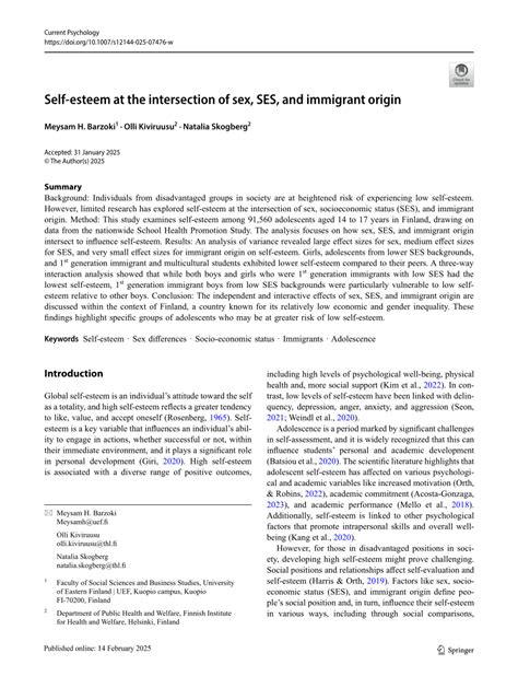 Pdf Self Esteem At The Intersection Of Sex Ses And Immigrant Origin