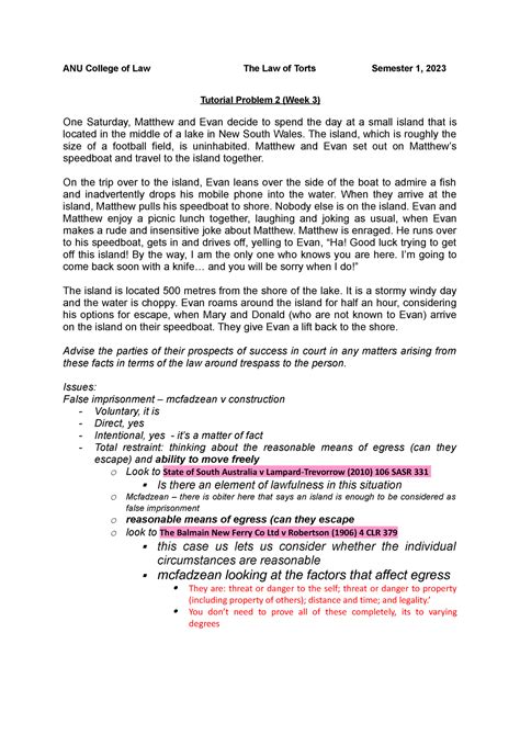2023 Torts Tutorial 2 Week 3 ANU College Of Law The Law Of Torts Semester 1 2023 Tutorial