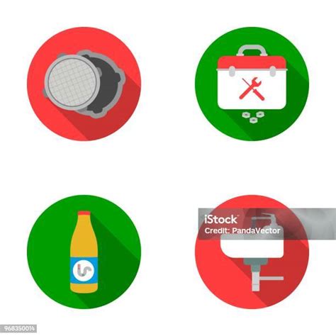 하 수구 해치 도구 상자 워시 분 지 및 다른 장비 배관 평면 스타일 벡터 기호 재고 일러스트 레이 션 웹에서 컬렉션 아이콘을 설정합니다 로고에 대한 스톡 벡터 아트 및