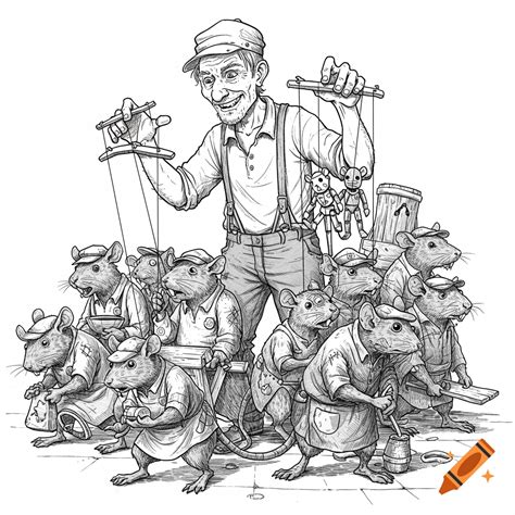 Line Art Illustration Of A Puppet Master Controlling Marionettes Above