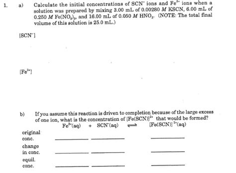 solved 1 a calculate the initial concentrations of scn