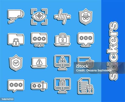 라인 문서 및 잠금 설정 방패가 있는 신용 카드 암호 보호 철조망 폴더 암호 보안 카메라 및 노트북 아이콘 벡터 감시에 대한 스톡 벡터 아트 및 기타 이미지 Istock