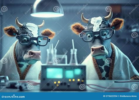 cows dressed as scientists experiment on humans in a lab created with