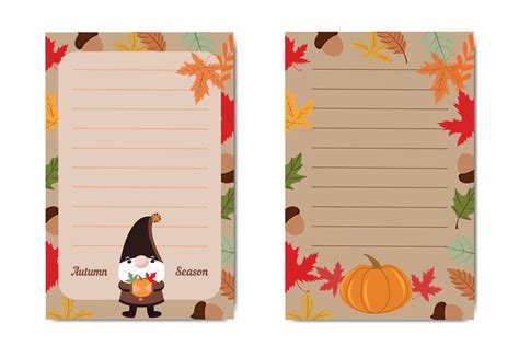Autumn Notepad Template With Cute Gnome Pumpkin Acorns And Colorful Leaves On Lined Pages For