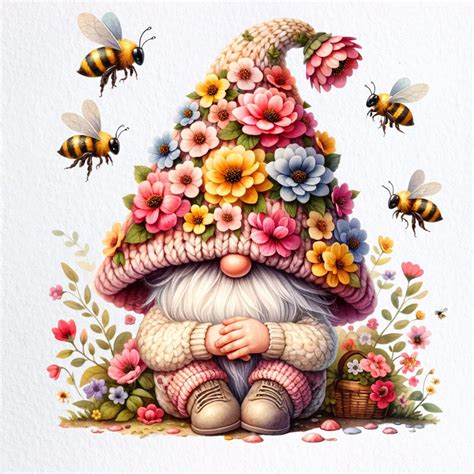 Watercolor Flower Bee Gnomes Gnome With Flowers Png Spring Gnomes