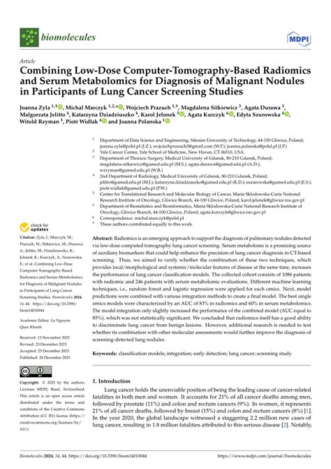 Pdf Combining Low Dose Computer Tomography Based Radiomics And Serum Metabolomics For