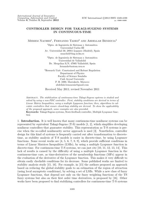 Pdf Controller Design For Takagi Sugeno Systems In Continuous Time