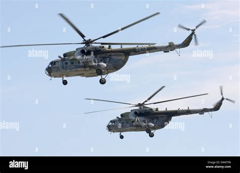 Mil Mi 17 Helicopters Of The Czech Air Force In Flight Over Hradec