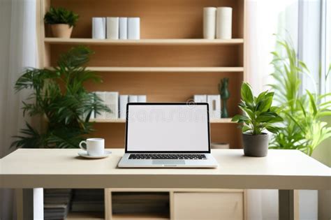 Workspace With Laptop Computer And Supply On Table Empty Screen