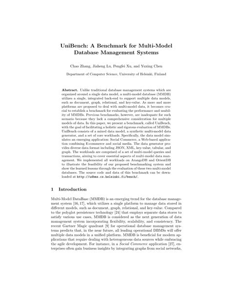 A Benchmark For Multi Model Database Management Systems Docslib