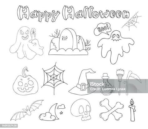 즐거운 할로윈 보내세요 선형 손으로 그린 낙서 잭 호박 유령 웹 두개골과 십자뼈 무덤 박쥐 마녀 모자 낫 빗자루와 물약 장식