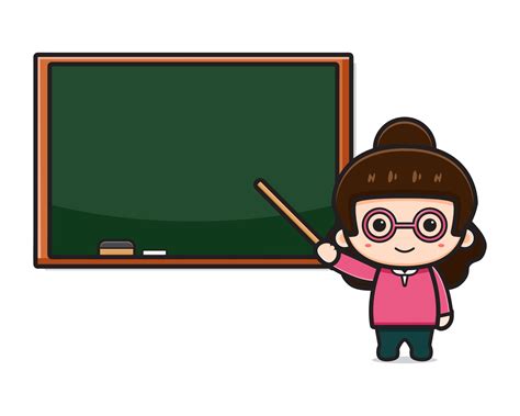 Cute Teacher In Classroom Pointing To Chalkboard Cartoon Illustration