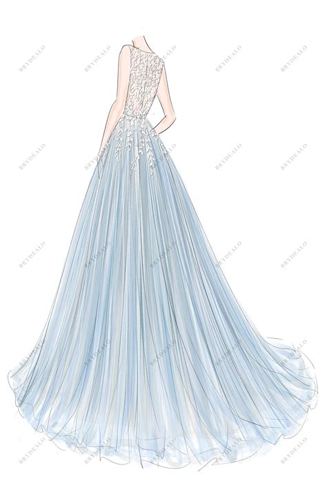 Romantic Blue Custom Lace Tulle A Line Wedding Dress Sketch Designformal