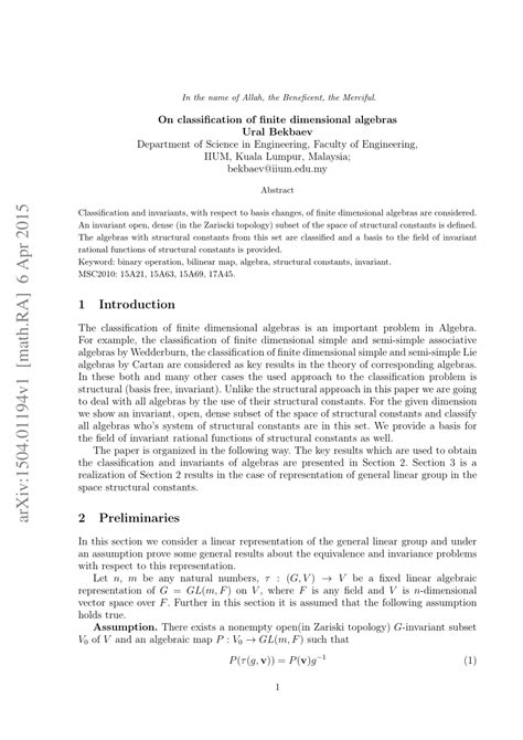 Pdf On Classification Of Finite Dimensional Algebras