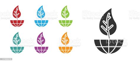 블랙 어스 글로브와 잎 아이콘은 흰색 배경에 고립 세계 또는 지구 기호 기하학적 모양 환경 개념 다채로운 아이콘을 설정합니다 벡터 0명에 대한 스톡 벡터 아트 및 기타