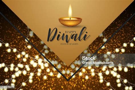 조명 포스터 또는 전단지 디자인의 디 왈리 축제 인도 전통 휴가 배경 Diya 오일 램프 텍스트 타이포그래피 골드 빛나는 입자 먼지 배경에 화려한 축하 배너 벡터 그림입니다