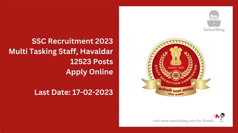 SSC MTS Recruitment 2023 Apply Now Multi Tasking Staff Havaldar 12523 Posts