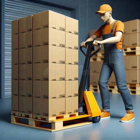 Warehouse Worker Maneuvering Pallet Jack With Stack Of Cardboard Boxes