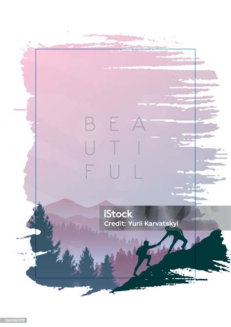 산악 풍경 브러시 스트로크의 그런지 프레임 하이킹 모험 자연을 발견하고 탐험하고 관찰하는 여행 개념 다각형 미니멀 그래픽 플랫 디자인 벡터 그림입니다 걷기에 대한 스톡 벡터