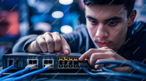 Premium Photo Young Man Working On An Ethernet Switch Closeup