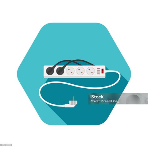 빨간색 스위치 4 개의 Usb 포트 2 개의 플러그 연결 및 청록색 육각형 배경에 그림자 현대 5 소켓 전기 연장 코드 유형 F의 아이콘입니다 0명에 대한 스톡 벡터 아트