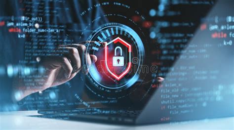 Hand Interacting With Digital Security Shield Lock Icon Overlaid On