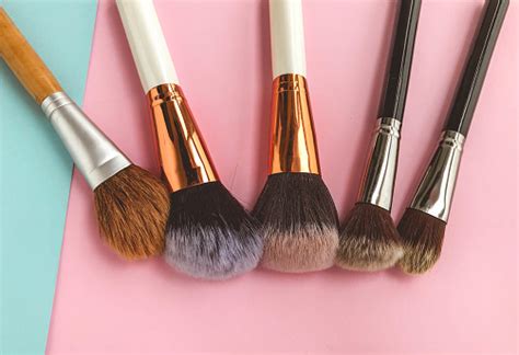 브러시는 밝은 배경에 놓여 있습니다 얼굴에 질감을 가하기 위한 천연 칫솔모가 있는 푹신한 브러쉬 아름다운 얼굴 아이 섀도우 파우더 및 홍당무를위한 브러시 0명에 대한 스톡