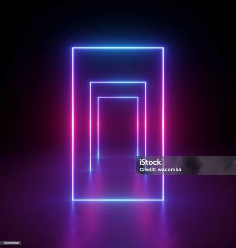 3d 렌더링 추상적 최소한의 기하학적 배경 빛나는 네온 라인 터널 복도 무대 조명 패션 연단 복사 공간이 있는 빈 직사각형 프레임 0명에 대한 스톡 사진 및 기타 이미지