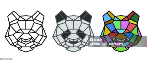 흰색 배경에 고립 된 기하학적 다각형 스타일의 라인에서 팬더 헤드의 컬렉션 실루엣 라벨 인쇄 또는 포스터를 위한 최신 그래픽 디자인 요소입니다 벡터 아트 일러스트레이션