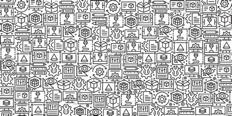 3d 인쇄 및 유행 선형 스타일3d 인쇄 및 모델링벡터에 관련 된 선형 아이콘으로 원활한 패턴 모델링 디자인 서식 파일의 요소