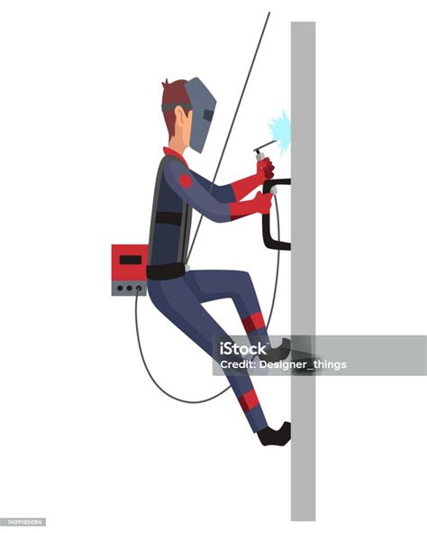 직장에서 용접기 남자 수리 젊은 남자 에 작업 복 보호 마스크와 장갑을 착용한 작업자 용접 장비 건설 현장에 대한 스톡 벡터