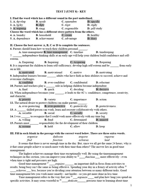 Unit 8 Test 2 Key Pdf Adolescence Housekeeping
