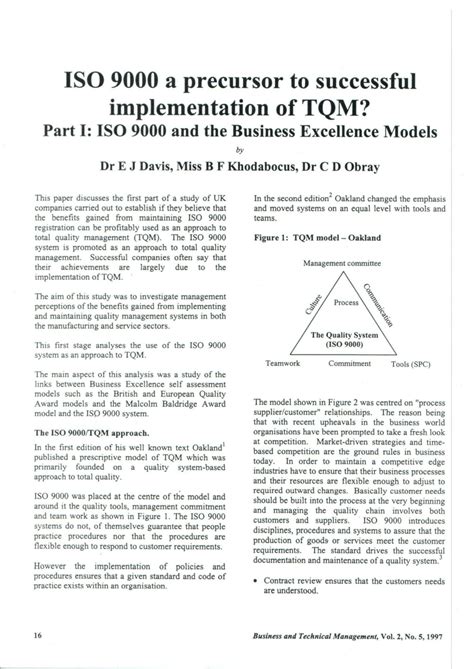 Pdf Iso 9000 A Precursor To Successful Implementation Of Tqm Part I