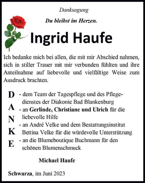 Traueranzeigen Von Ingrid Haufe Trauer In Thueringende