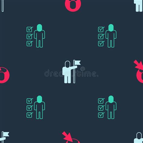 set worker man holding flag and resume on seamless pattern vector