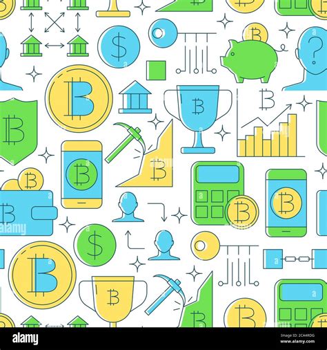 Cryptocurrency Seamless Pattern In Colored Line Style Digital Currency Background With Bitcoin