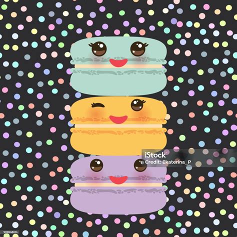 가이 마 카 롱 재미 오렌지 블루 라일락 쿠키 핑크 뺨과 큰 눈 검은 물방울 바탕에 파스텔 색상으로 분홍색 뺨을 가진입니다 벡터 개념 기호에 대한 스톡 벡터 아트 및 기타