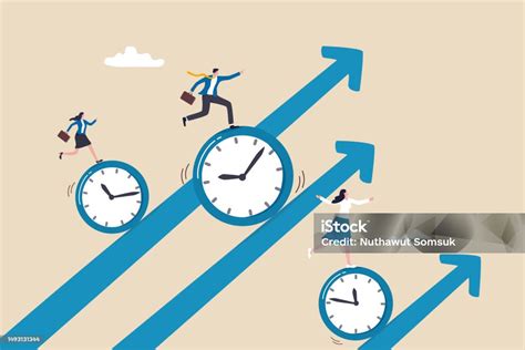 시간 관리 노력 또는 효율성 향상 프로젝트 완료를 위한 생산성 팀워크 또는 계획 멀티태스킹 또는 마감일 개념 내 작업 완료 비즈니스 사람들은 시계를 타고 상승 화살표를 타고
