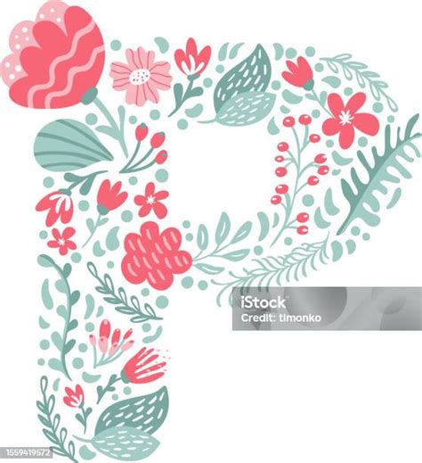 벡터 손으로 그린 글꼴 문자 P와 꽃과 나뭇가지가 봄을 피운다 꽃 알파벳 타이포그래피 대문자 여름 편지 모노그램 또는 로고 디자인 웨딩 Abc 0명에 대한 스톡 벡터 아트