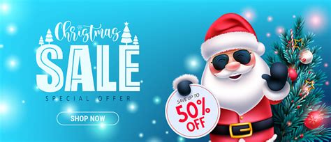 크리스마스 판매 벡터 배너 디자인 크리스마스 세일 특별 제안 텍스트와 산타 클로스 문자 계절 크리스마스 쇼핑 휴가 프로모션에 대한 산타 클로스에 대한 스톡 벡터 아트 및