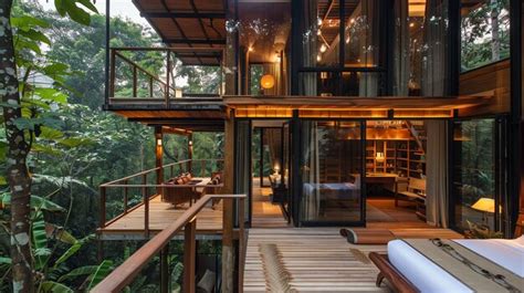 A Modern Treehouse With Large Windows And A Wooden Deck Overlooking A Lush Jungle Premium AI