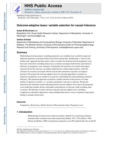 Pdf Outcome Adaptive Lasso Variable Selection For Causal Inference