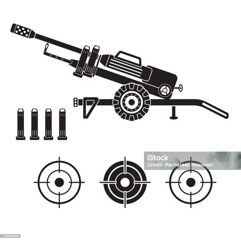 흰색 배경에 대포와 의식 발사의 평면 디자인 만화 컨셉 아이콘 귀여운 스타일 전쟁과 침략의 주제 포병 플랫 아이콘 세트 벡터 일러스트레이션 0명에 대한 스톡 벡터 아트 및