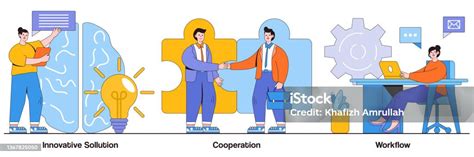 혁신적인 솔루션 협력 작은 사람들과의 워크플로우 개념 효과적인 작업 추상 벡터 일러스트 레이션 세트 창의적인 아이디어 생성 팀 빌딩 생산성 관리 은유 개념에 대한 스톡 벡터