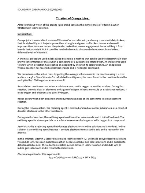 Titration Of Orange Juiec Pdf Redox Titration