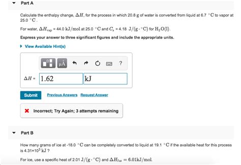 Solved Part A Calculate The Enthalpy Change A For The Chegg Com