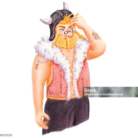 고대 스칸디나비아 바이킹의 특이한 만화 수채화 삽화 안경과 모피 조끼를 입은 혼란스러운 남자의 초상화 재미있는 스칸디나비아 귀여운 만화 캐릭터 중세 주민 바이킹 상상에 대한